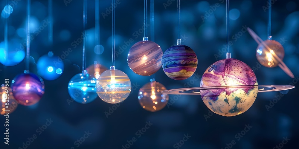 Illuminated miniature solar system model suspended in dark room ...