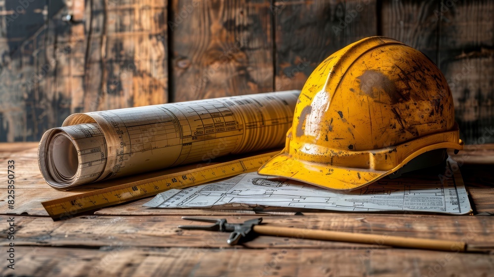 Yellow hard safety helmet hat and the blueprint, pen, ruler, protractor ...