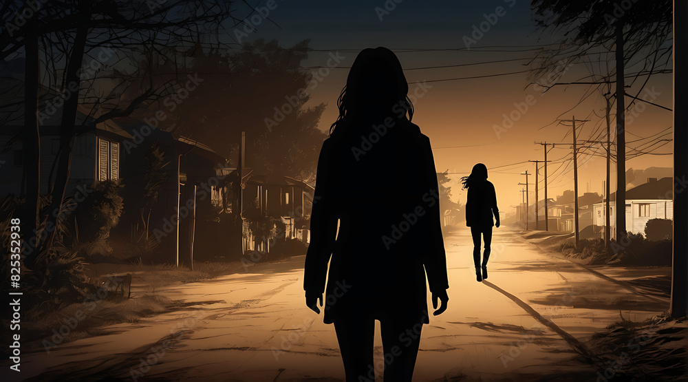 A Back or rear view Silhouette of a young woman walking home alone at ...