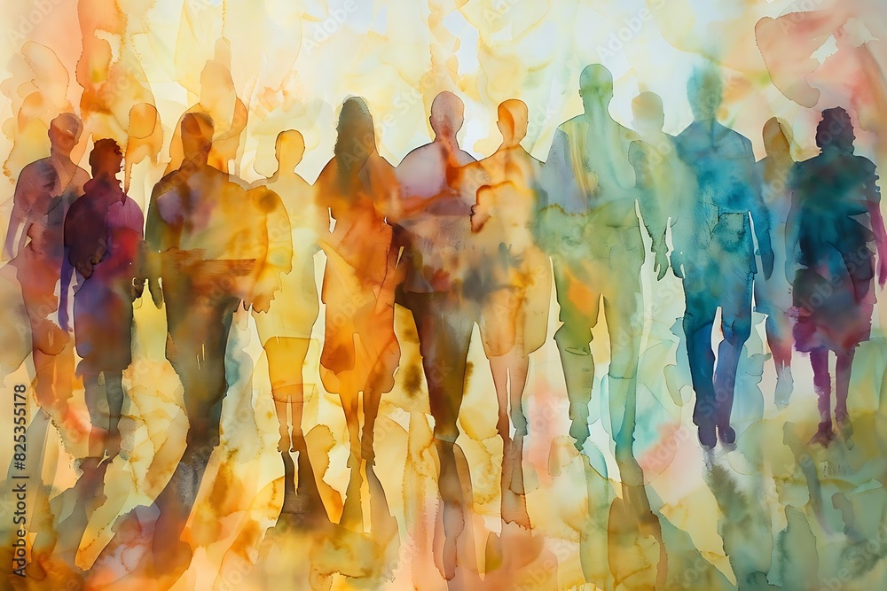 artistic watercolor painting of a diverse group of people walking ...