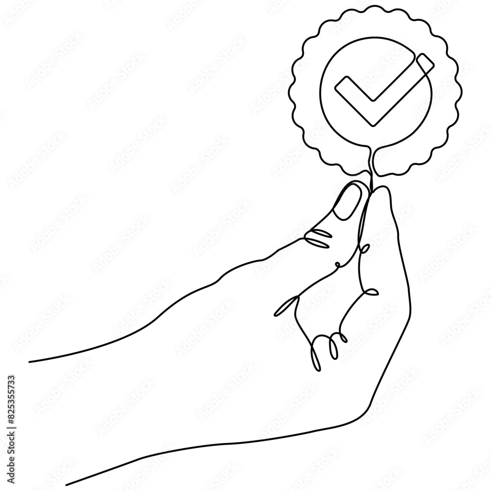 Hand holds award badge continuous line drawing. Approval check sign ...