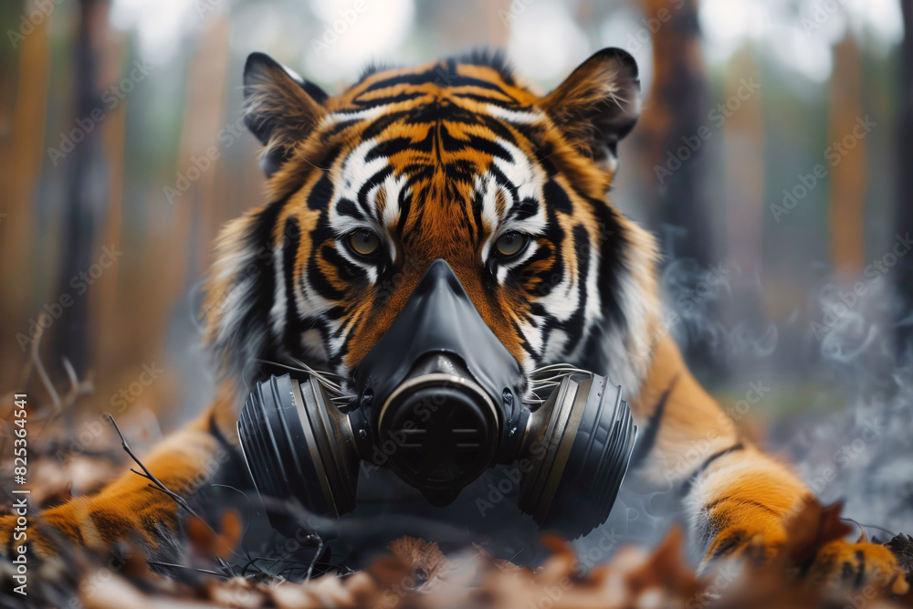 A tiger wearing a respirator in the forest, the problem of pollution ...