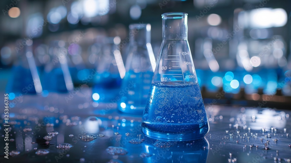 Blue liquid in a glass flask with a chemical structure model. Stock ...
