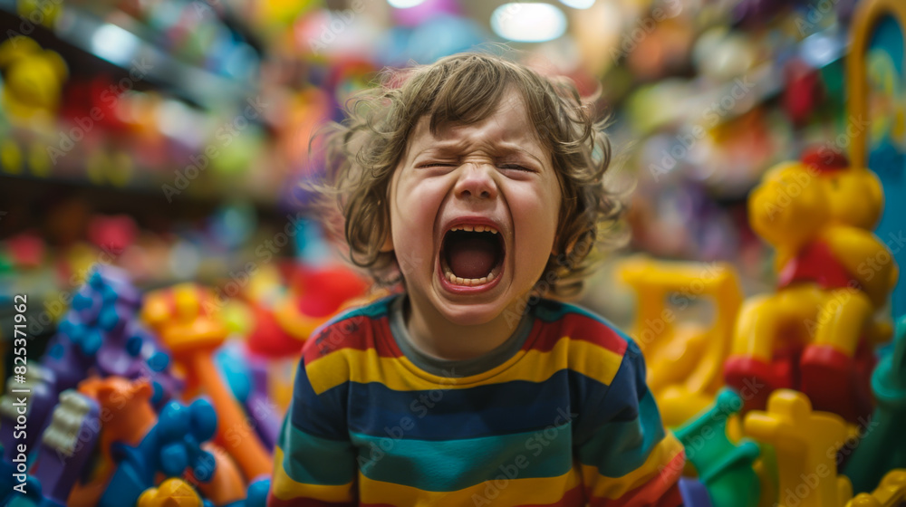 Portrait of a little boy in a store in the midst of a tantrum in the ...