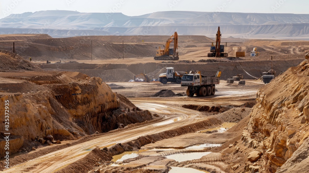 Excavators and dump trucks are actively working at a large-scale mining ...