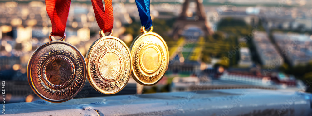 Olympic gold, silver and bronze medals with ribbon against blurred ...