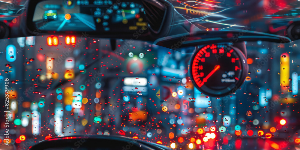 inside view from sports car cockpit, digital instruments dashboard ...