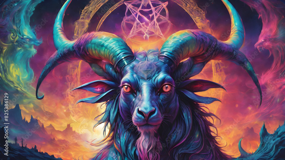 The demonic visage of Baphomet, with antlers and a pentagram ...
