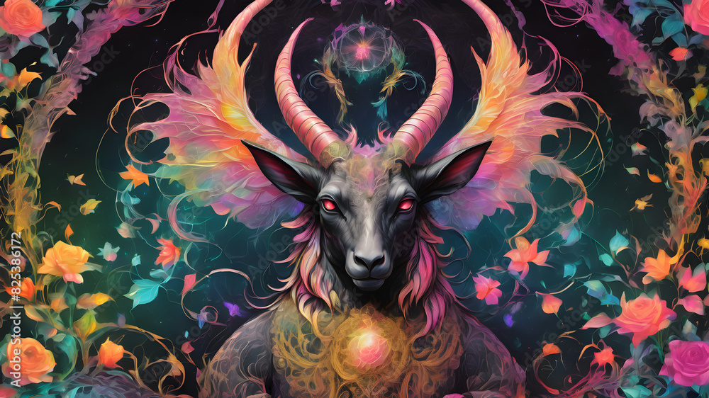 A detailed depiction of Baphomet, with stag like horns, representing ...