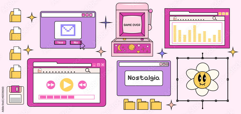 Sticker pack. Set of retro pc and computer icons. Browser and pop-up ...