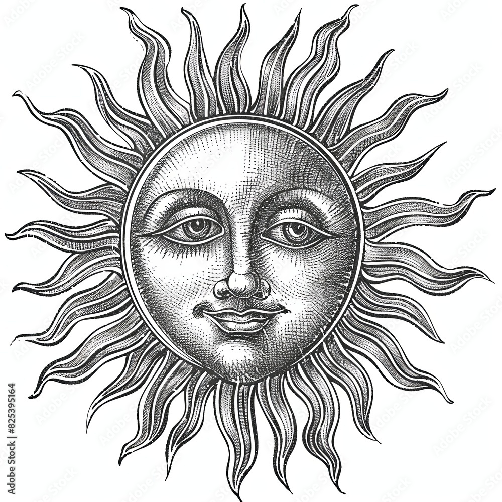 An image of the sun with a face and rays. A mystical, esoteric or ...