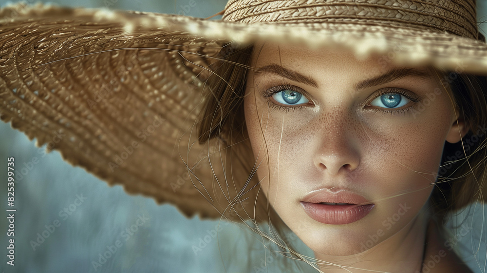 The portrait shows a woman with extremely expressive blue eyes that ...
