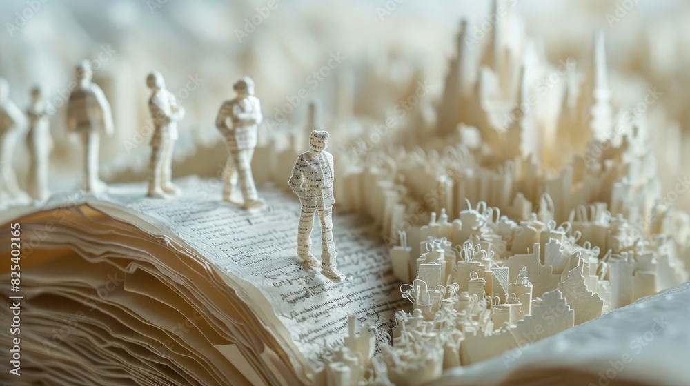 Tiny figurines of people standing on an open book, with a detailed ...