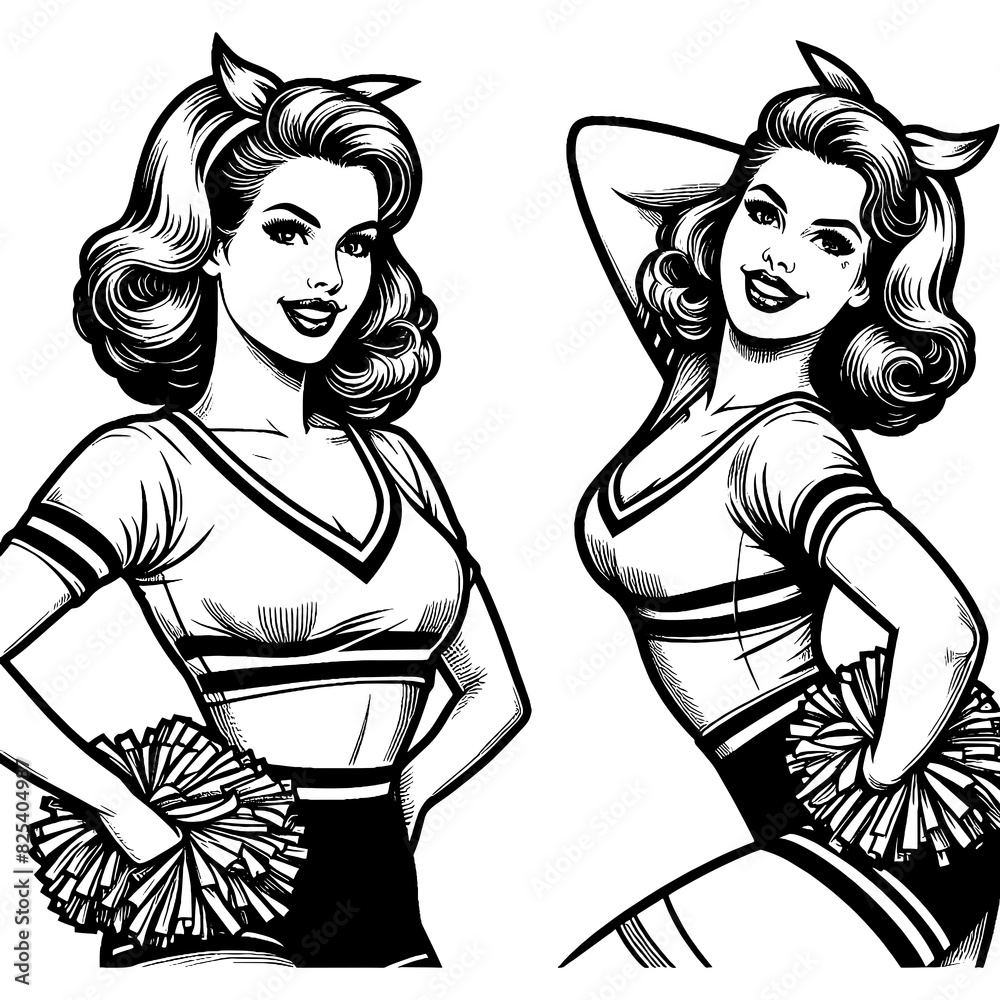 cheerleader in classic pin-up pose with pom-poms and a playful expression sketch engraving ...