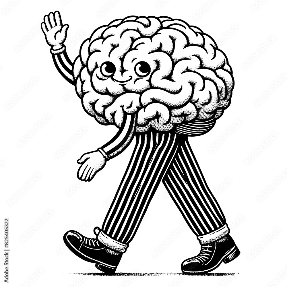walking anthropomorphic brain with a hand raised, dressed in a striped ...