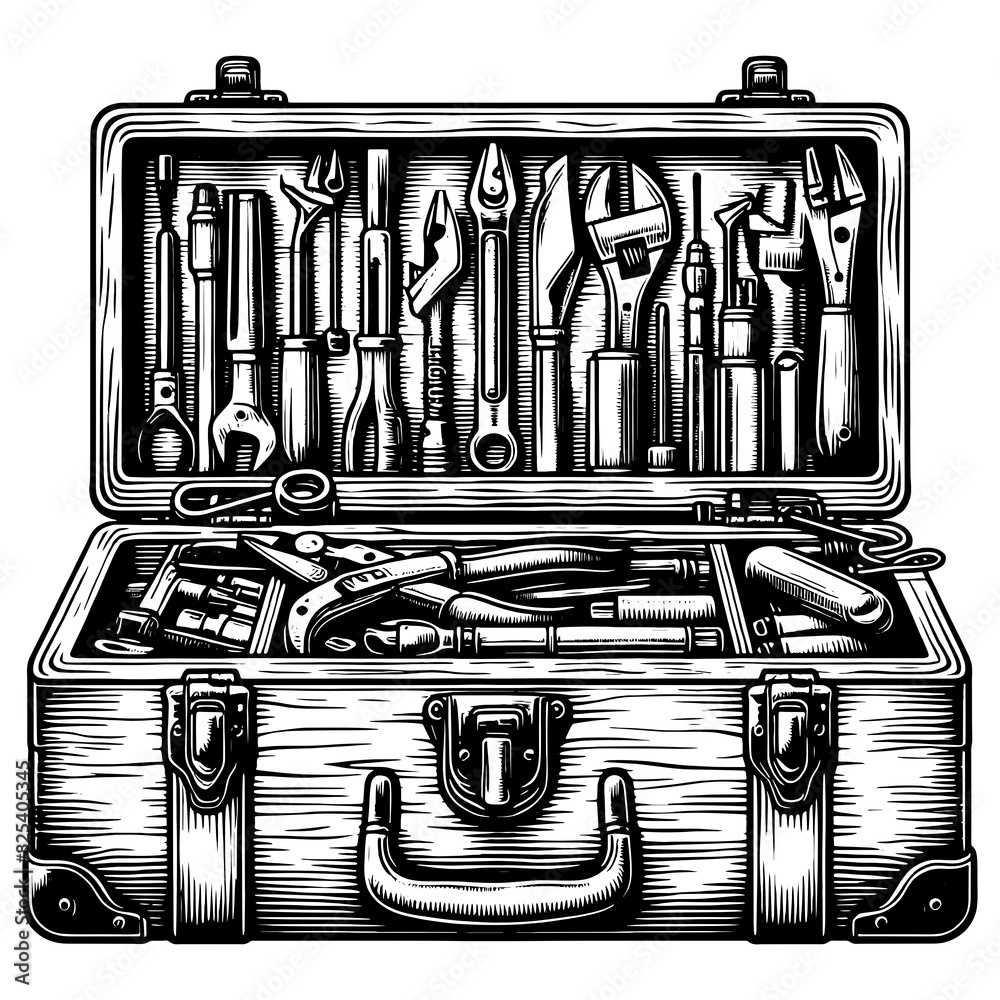 open toolbox, displaying a range of mechanical tools in a striking ...