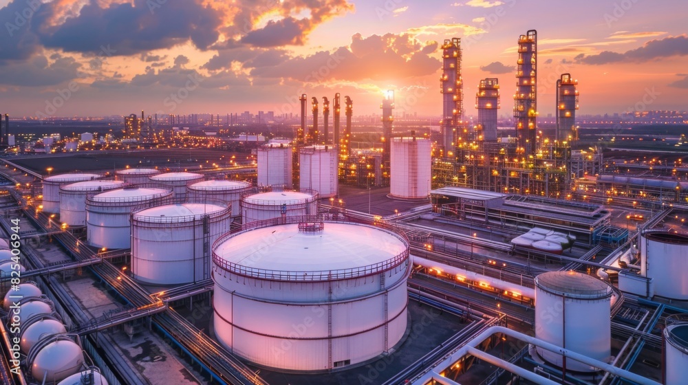 Massive oil refinery with large storage tanks and distillation columns ...