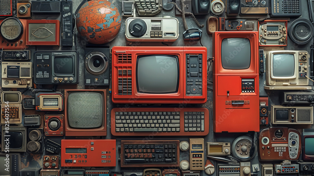 Craft a nostalgic collage showcasing iconic gadgets telephone, PC ...