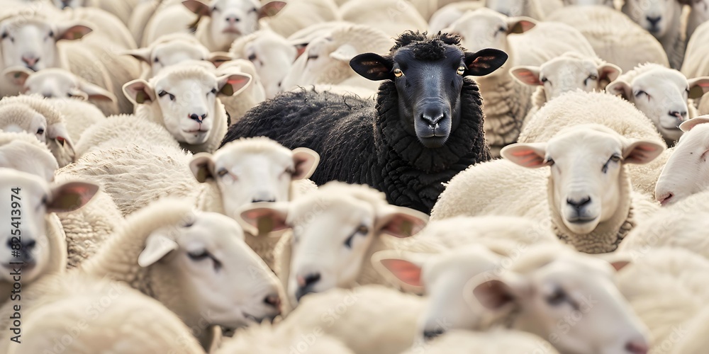 A black sheep among a flock of white sheep, raising head as a leader ...