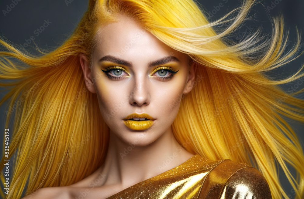 A girl on a monotone background with bold and expressive yellow hair ...