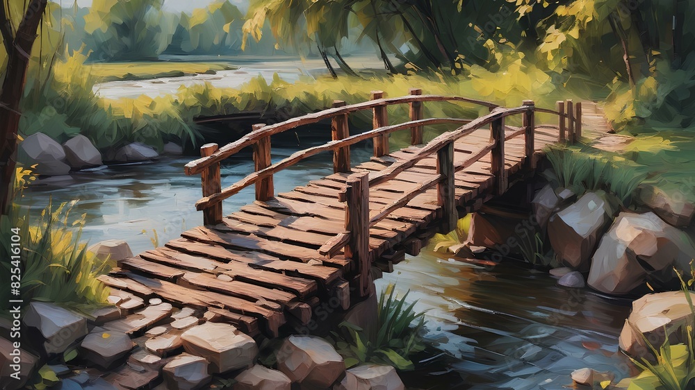 oil painting, landscape, bridge, river, nature, day, daylight, light ...