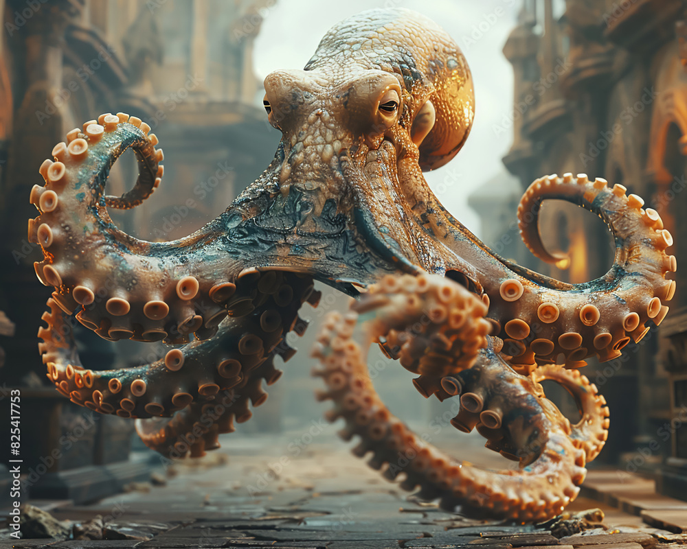 Giant octopus, shimmering scales, legendary sea creature, venturing ...