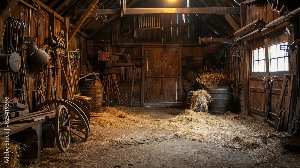 A rustic barn filled with traditional farming tools like scythes, plows ...