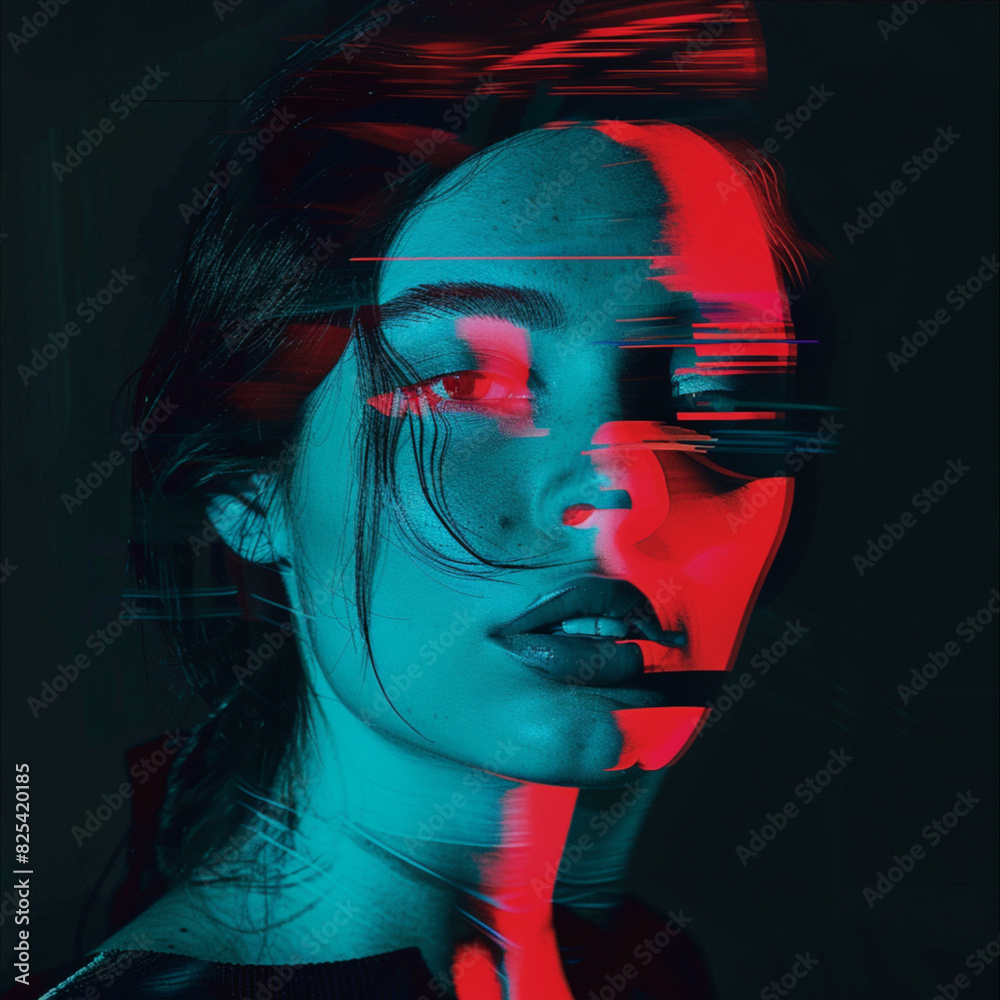 red, blue and black half-face portraits of a woman, in the style of ...