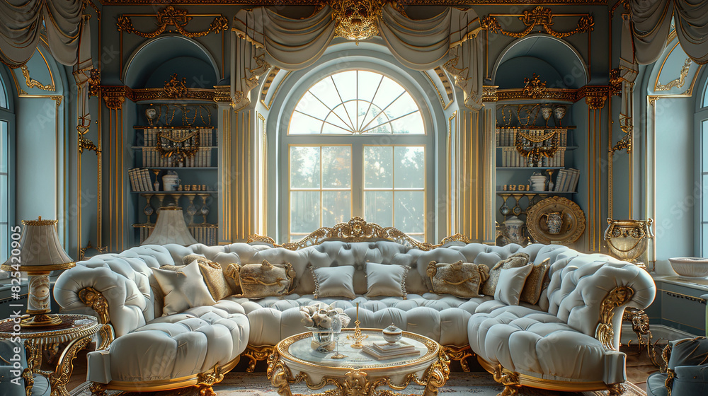 Classic Rococo Style Drawing Room with Blue and Gold Color Scheme and ...