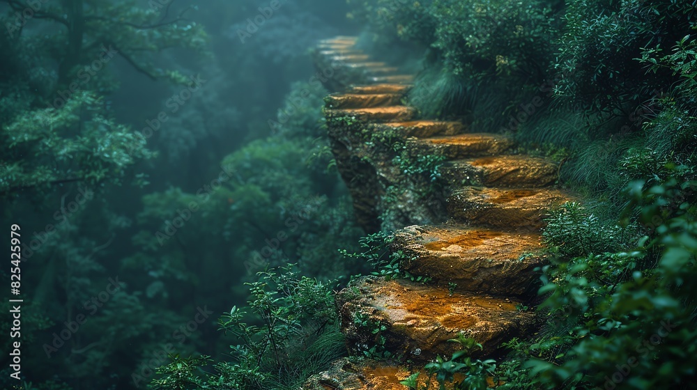 Stone steps lead upward through a mystical, fog-filled forest. The path ...