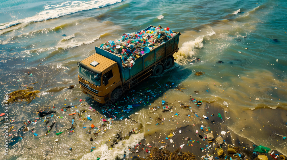 Truck full loaded with plastic waste on a beach take waste out or bring ...