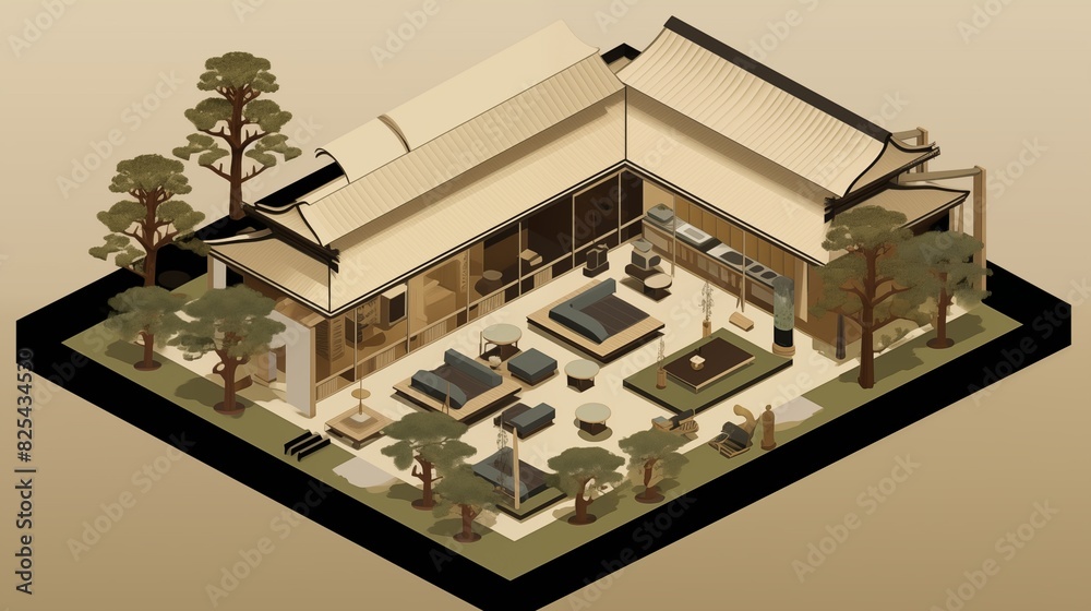 Isometric Vector of Modern Ryokan Art Gallery with Interactive ...