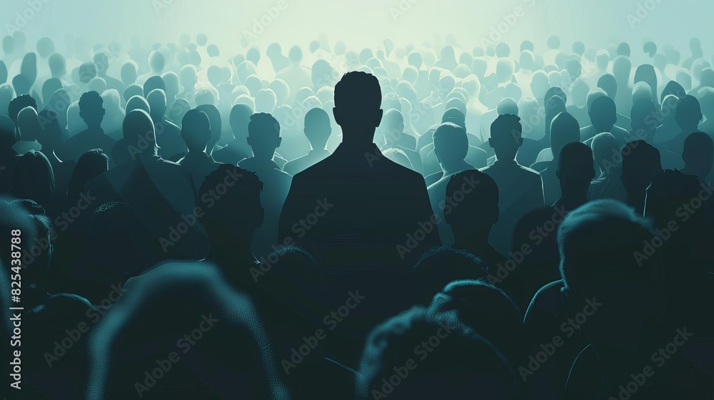 audience silhouettes from behind crowd watching leader at rally concert ...