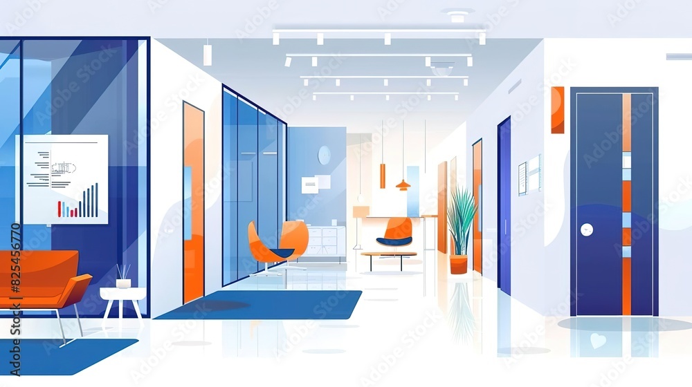 Clean geometric lines in a spacious hallway, white walls, grey tiles, linear lighting fixtures ...