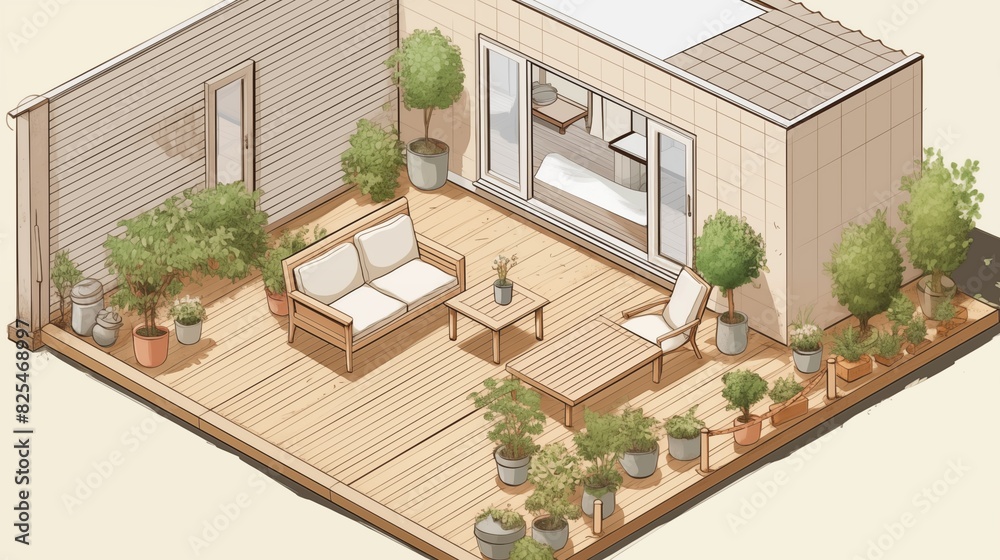 Isometric Vector of Muji Outdoor Space An outdoor space of a Muji house ...