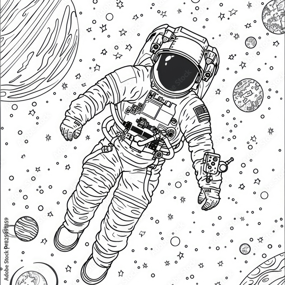 Space Coloring Page. Astronaut exploring cosmic universe with planets ...