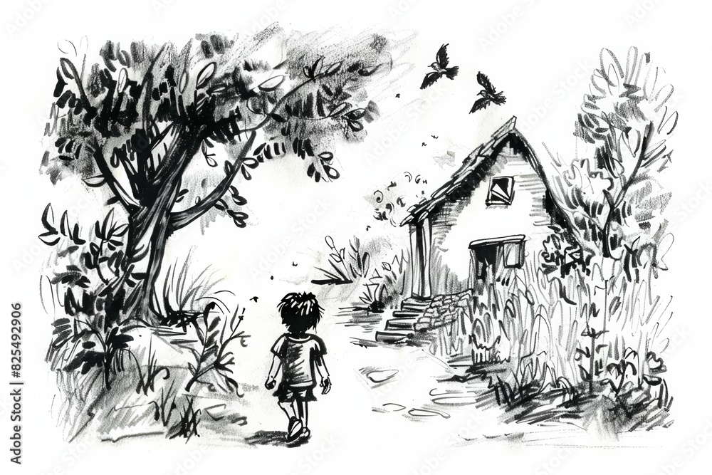 Black and white drawing of a child approaching a small house in nature ...