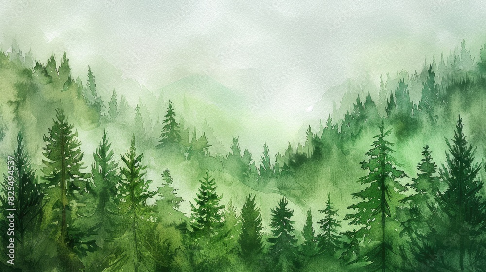 Mountain Water Color. Green Forest Pine Trees Watercolor Landscape ...