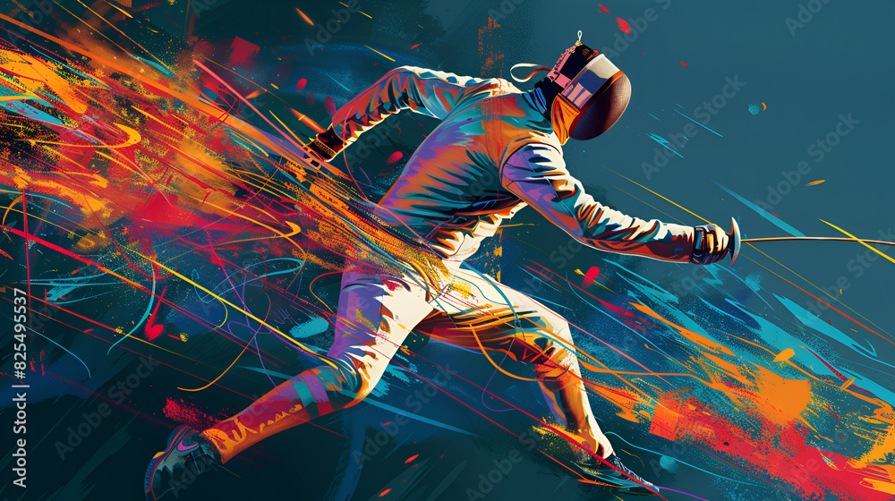 lunge, attack, fencer male Side view of image with a focus on a dynamic ...