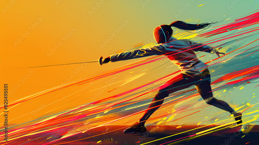 lunge, attack, fencer female Side view of image with a focus on a ...