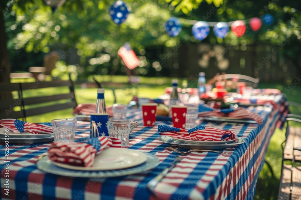 A festive backyard barbecue scene with a patriotic theme, featuring a ...