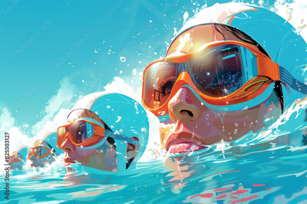 Multiple swimmers wearing matching caps and goggles swim in formation ...