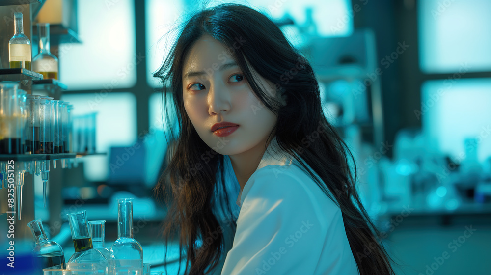 beautiful young Korean woman scientist, long hair wearing a white lab ...