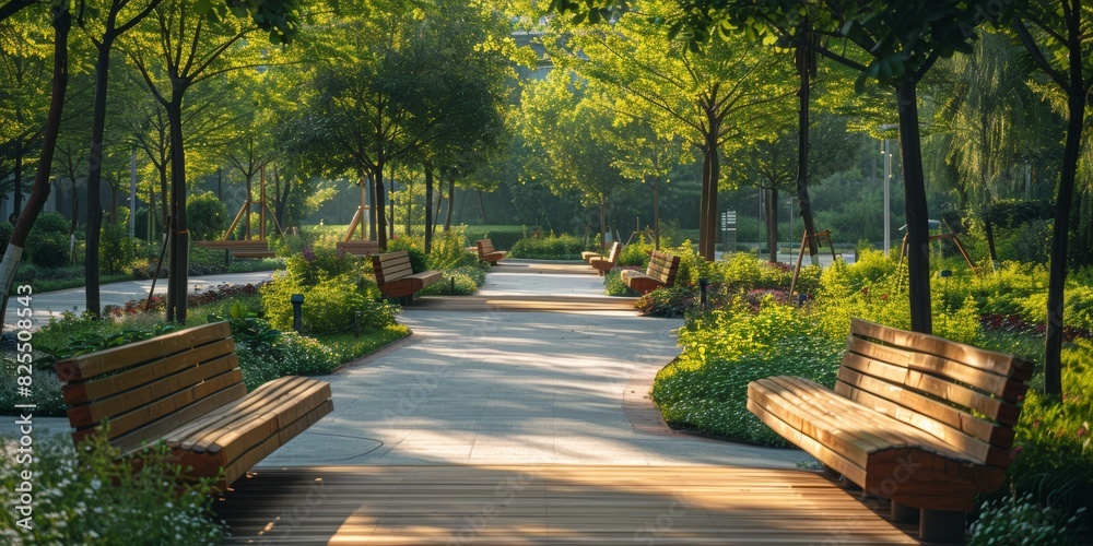 Urban park with wooden benches, lush greenery, and winding pathways ...