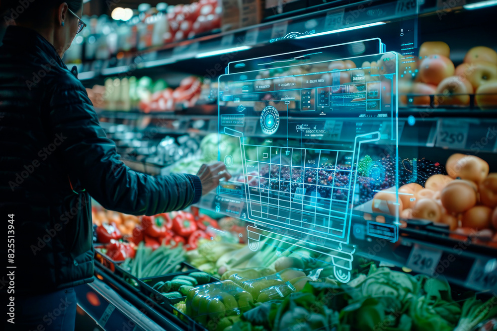 Grocery cart in a supermarket with overlaid digital effects. Concept ...