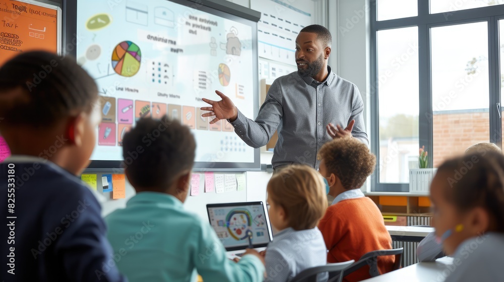 Portrait of teacher teaching about AI at digital classroom ...