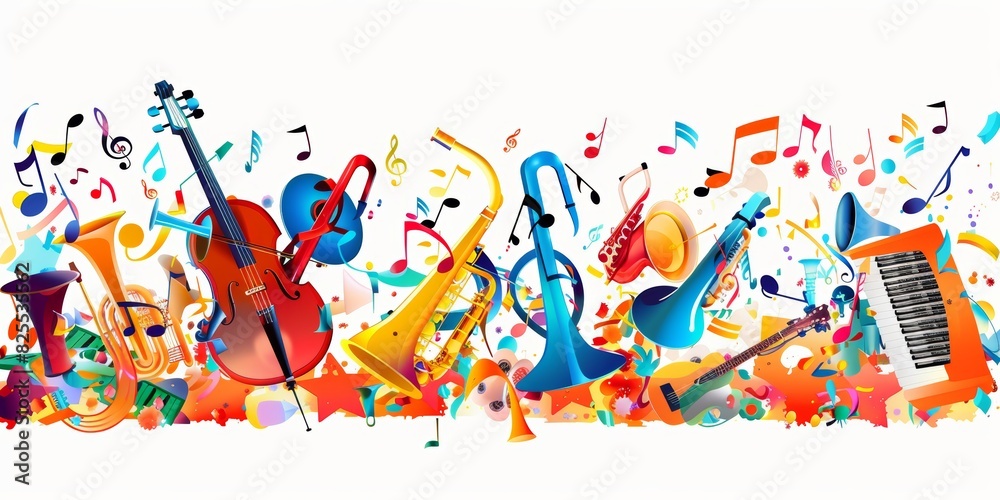 Colorful music notes and musical instruments background design with ...