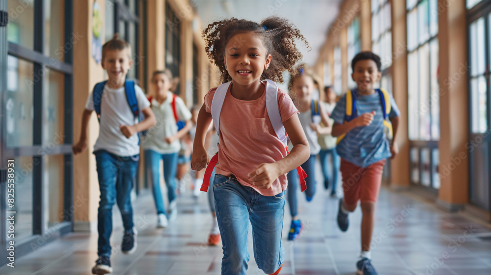 Happy children running in school hallway Stock Photo | Adobe Stock