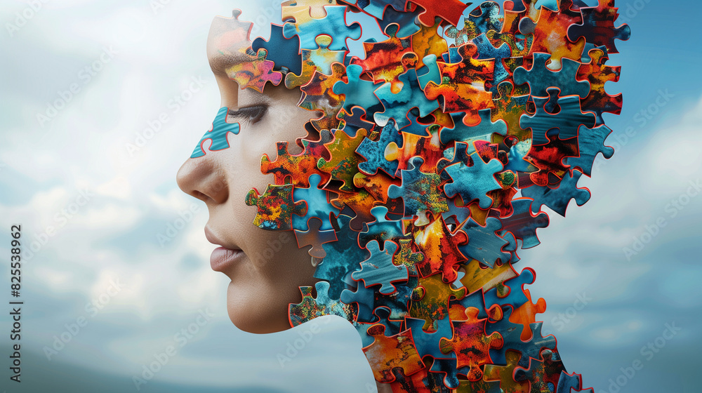 double exposure with puzzle in head shape, visualizes individuality and ...