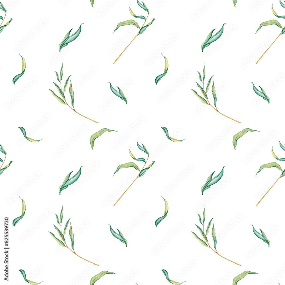 Watercolor seamless pattern fresh foliage weeping willow tree. Nature ...